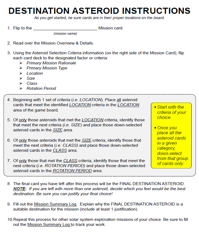 ARES | Science Engagement Resources | Hands-On Activities | Destination Asteroid